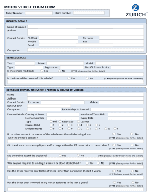Fillable Online rivercityinsurance co Zurich Motor Vehicle Claim Form ...