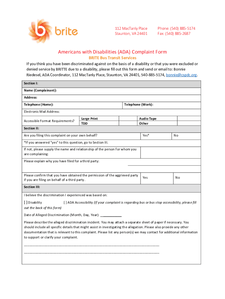 Fillable Online Americans with Disabilities (ADA) Complaint Form Fax ...