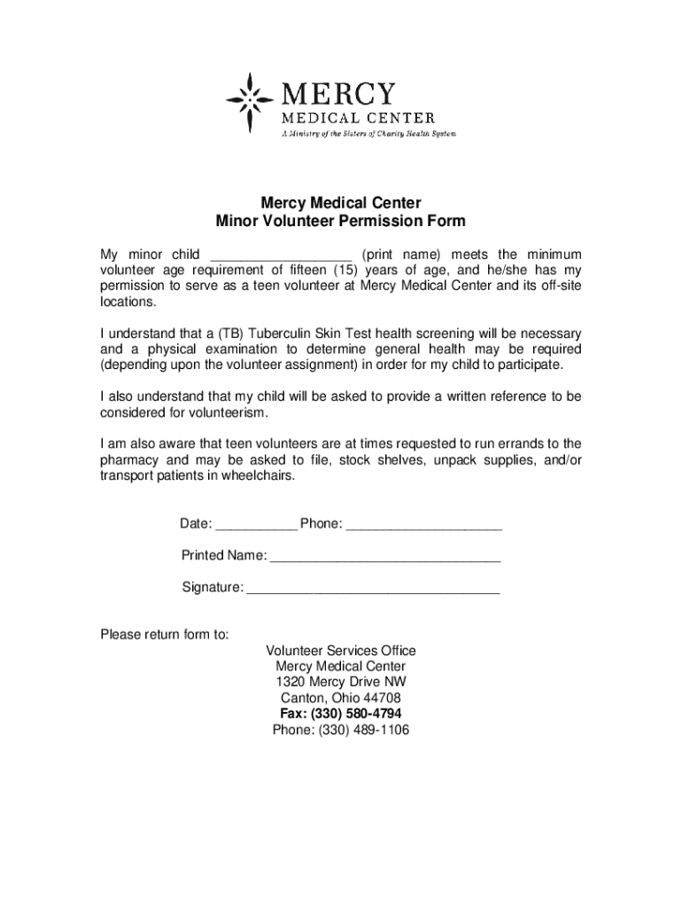 Fillable Online Consent for Volunteers Who Are Minors - Mercy Medical ...