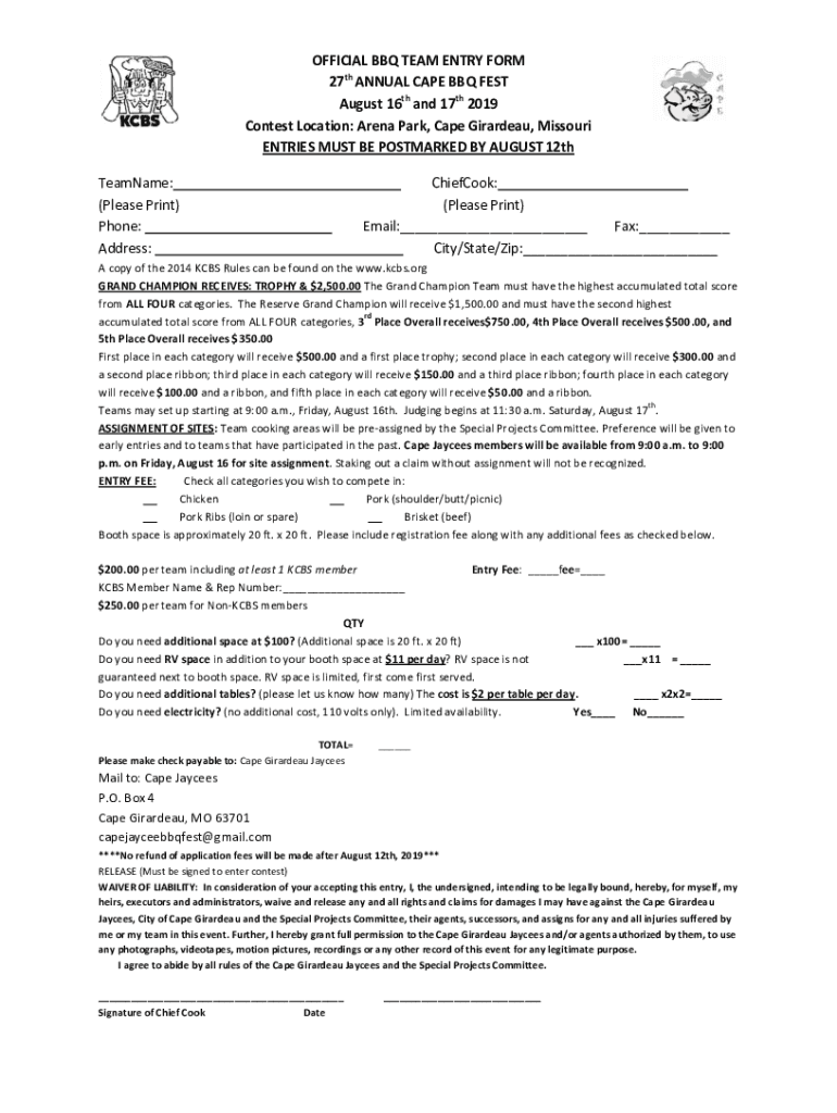 Fillable Online OFFICIAL BBQ TEAM ENTRY FORM Fax Email Print - pdfFiller