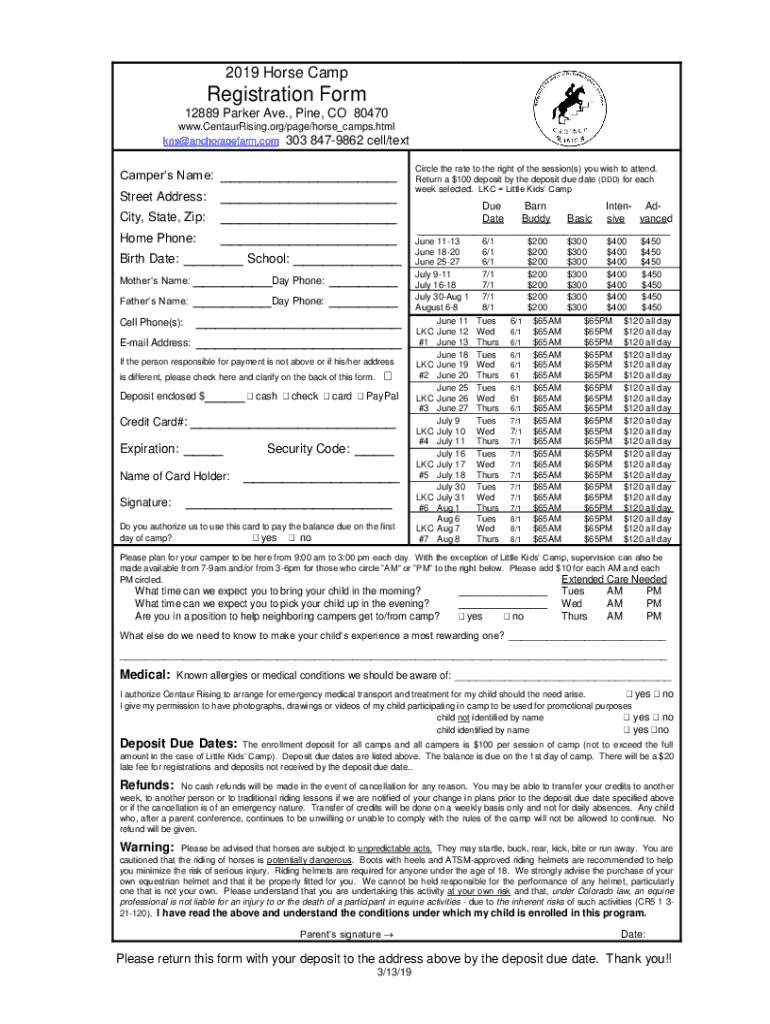 Fillable Online 2021 Horse Camp Registration Form - centaurrising.org Fax Email Print - pdfFiller