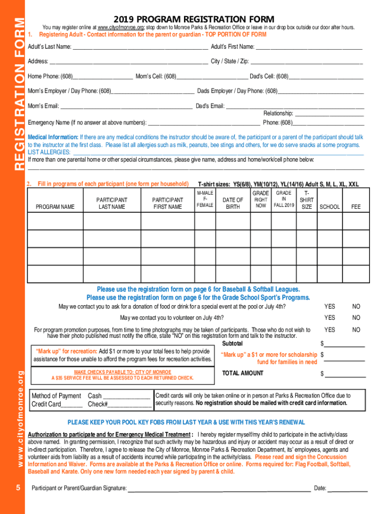 Fillable Online 2019 PROGRAM REGISTRATION FORM Fax Email Print - pdfFiller