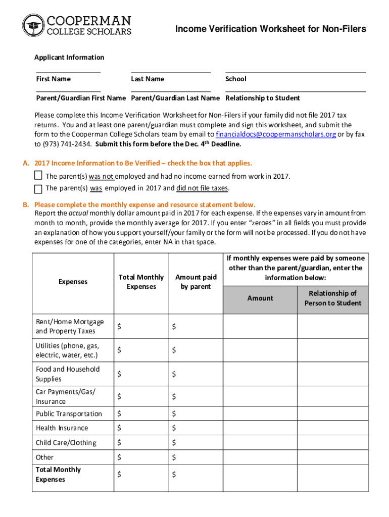Fillable Online 2018-2019 Verification Worksheet Parent Tax Filers/Non ...