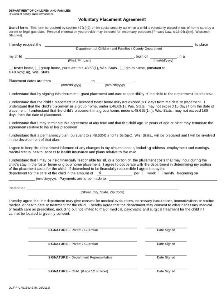 Get the free wisconsin voluntary placement agreement ... Doc Template ...