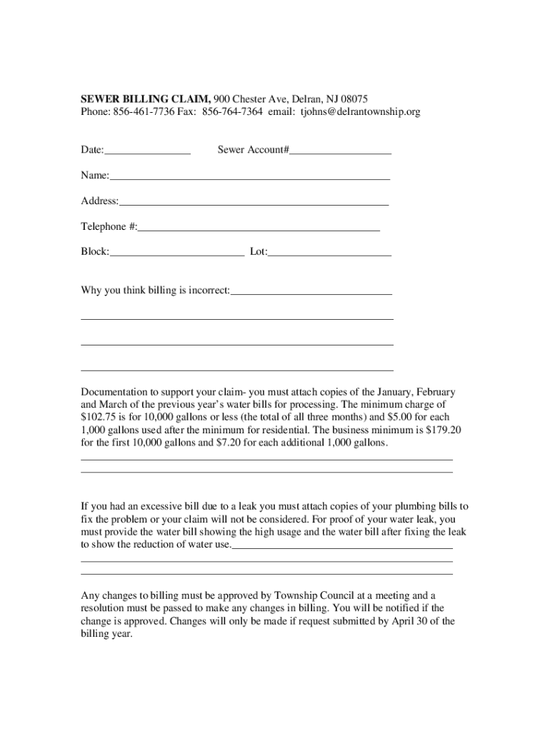 Fillable Online sewer billing claim form Fax Email Print - pdfFiller