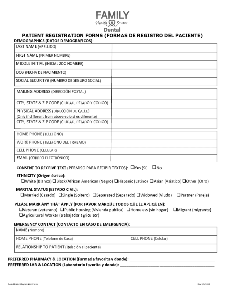 Fillable Online PATIENT REGISTRATION FORMS (FORMAS DE REGISTRO DEL ...