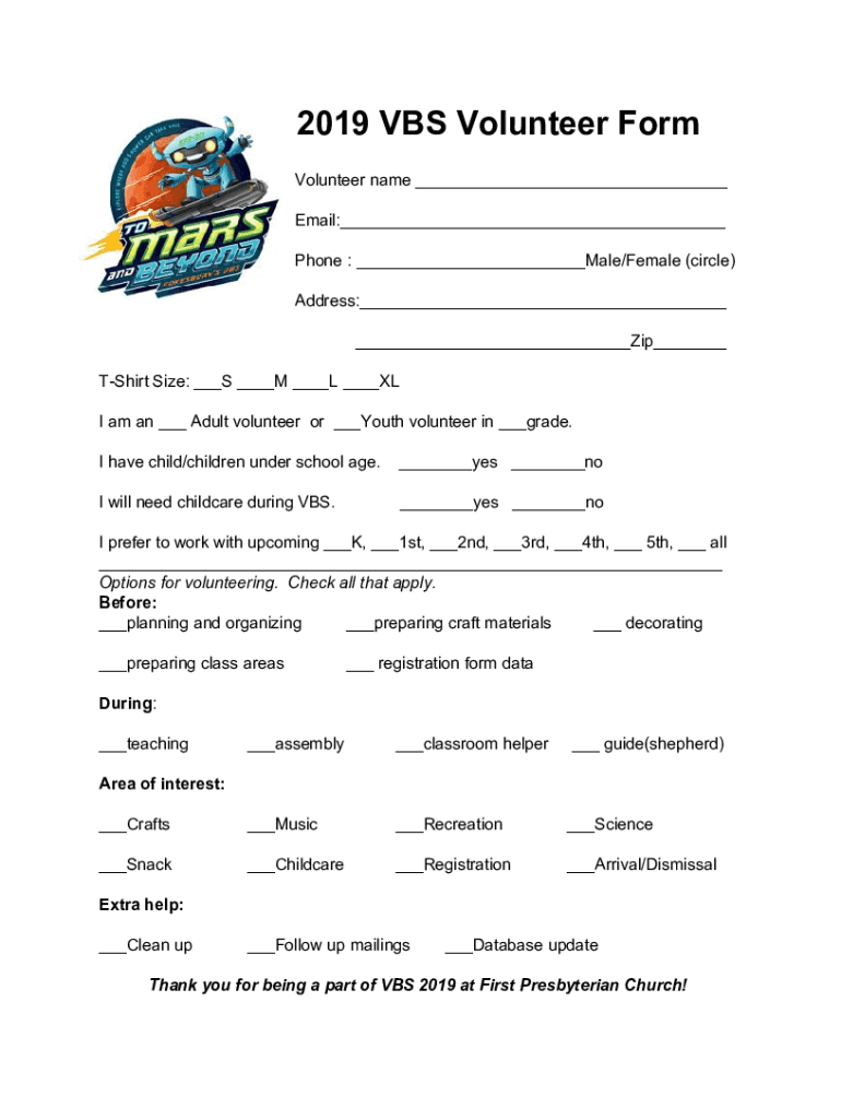 Fillable Online 2019 VBS Volunteer Form Fax Email Print - pdfFiller