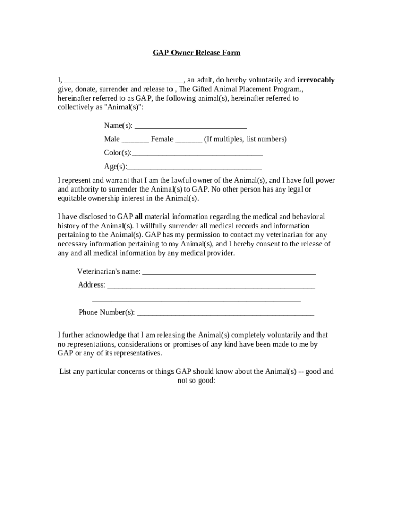 GAP Owner Release Doc Template | pdfFiller