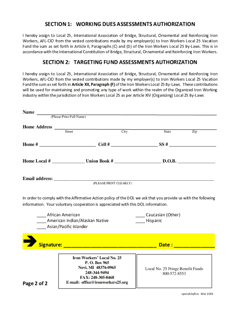 Fillable Online SECTION 1: WORKING DUES ASSESSMENTS AUTHORIZATION Fax Email Print - pdfFiller