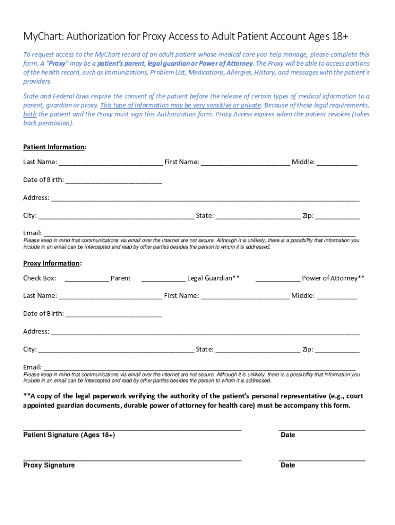Fillable Online MyChart: Authorization for Proxy Access to Adult Patient ... Fax Email Print ...