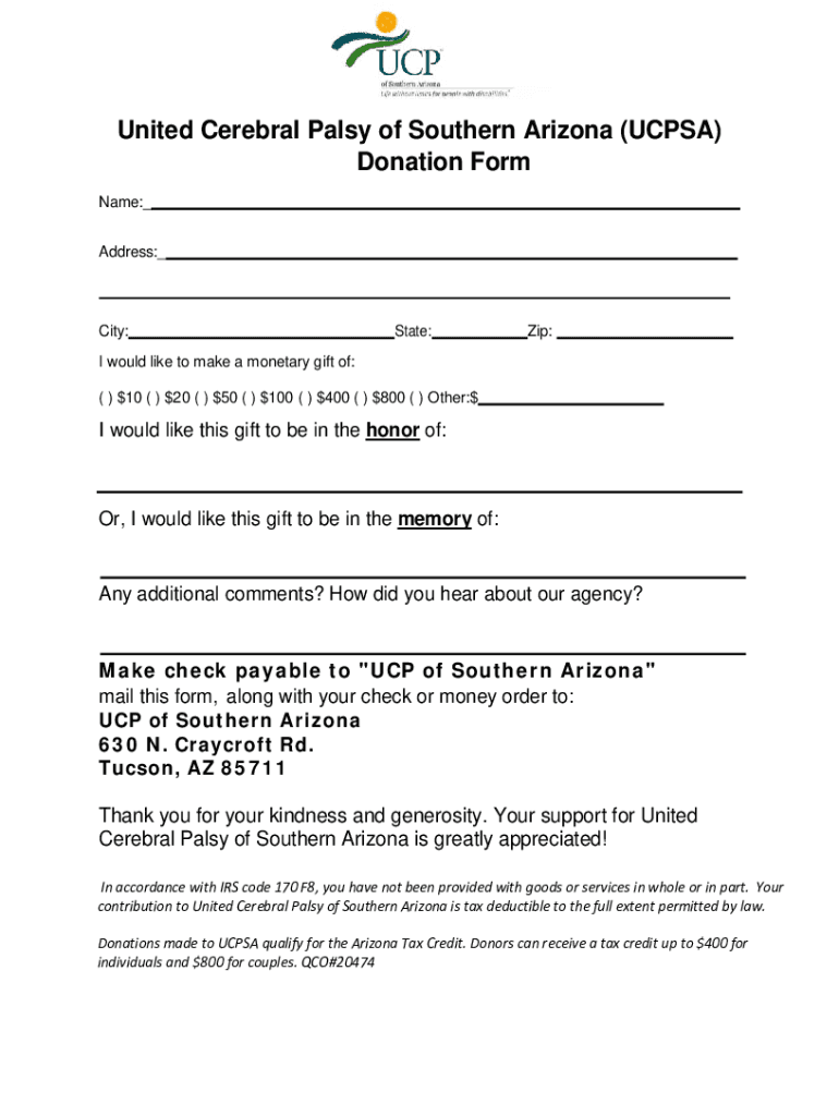 Fillable Online United Cerebral Palsy of Southern Arizona (UCPSA ...