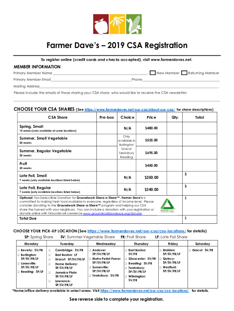 Fillable Online CSA Pickup LocationsFarmer Dave's Fax Email Print ...