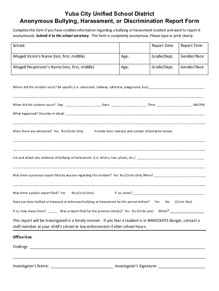 Fillable Online Anonymous Bullying, Harassment, or Discrimination ...