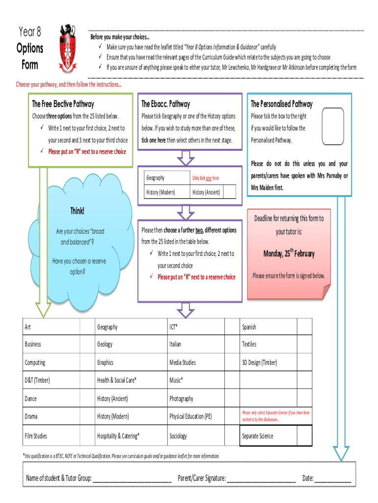 Fillable Online Choosing options in year 8MumsnetChoosing options in ...