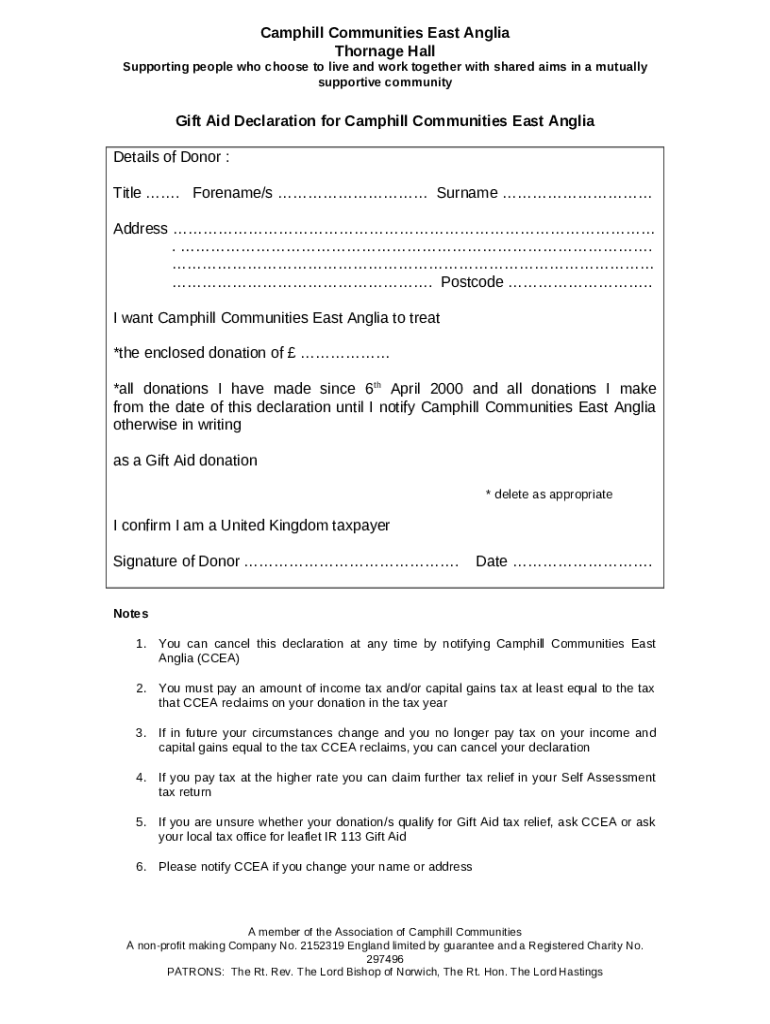 Gift Aid Declaration - Thornage Hall Doc Template | pdfFiller