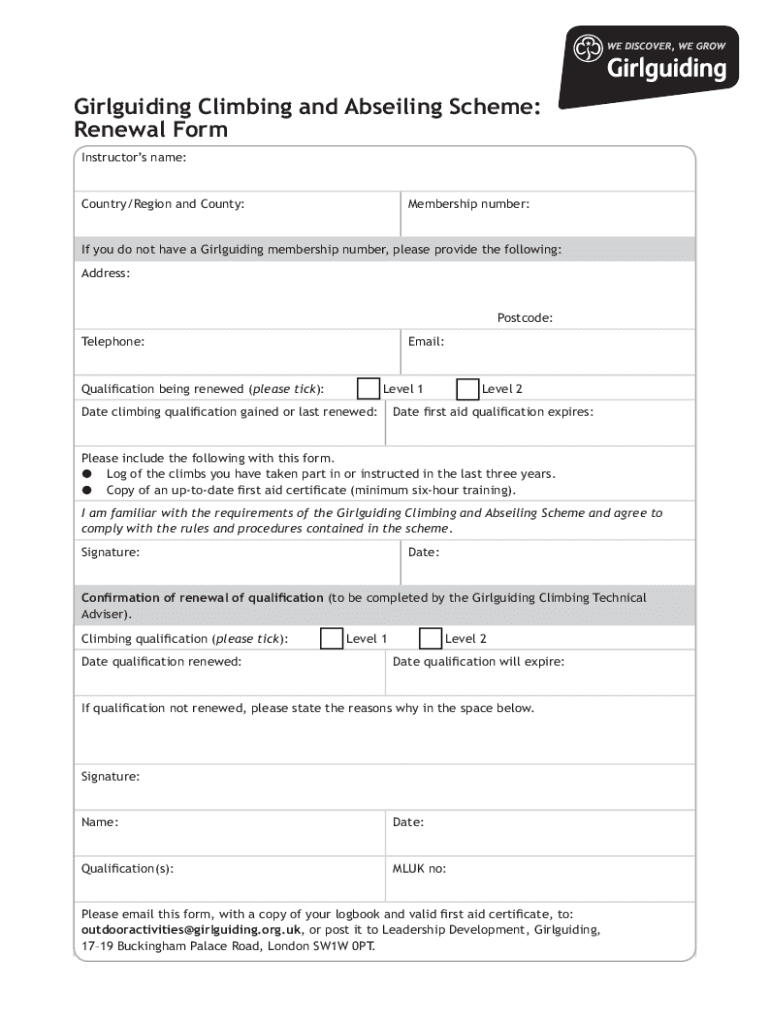 Fillable Online Girlguiding Climbing and Abseiling Scheme: Renewal Form ...