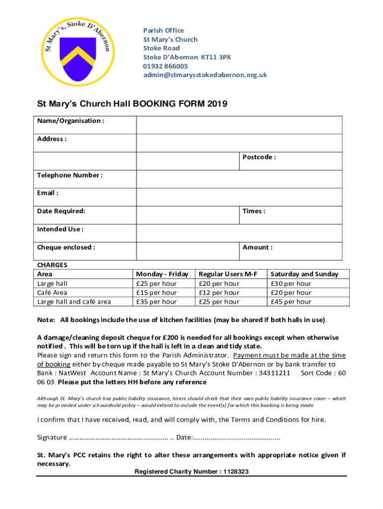 Fillable Online Booking the Church Hall - St Mary's Church Fax Email ...