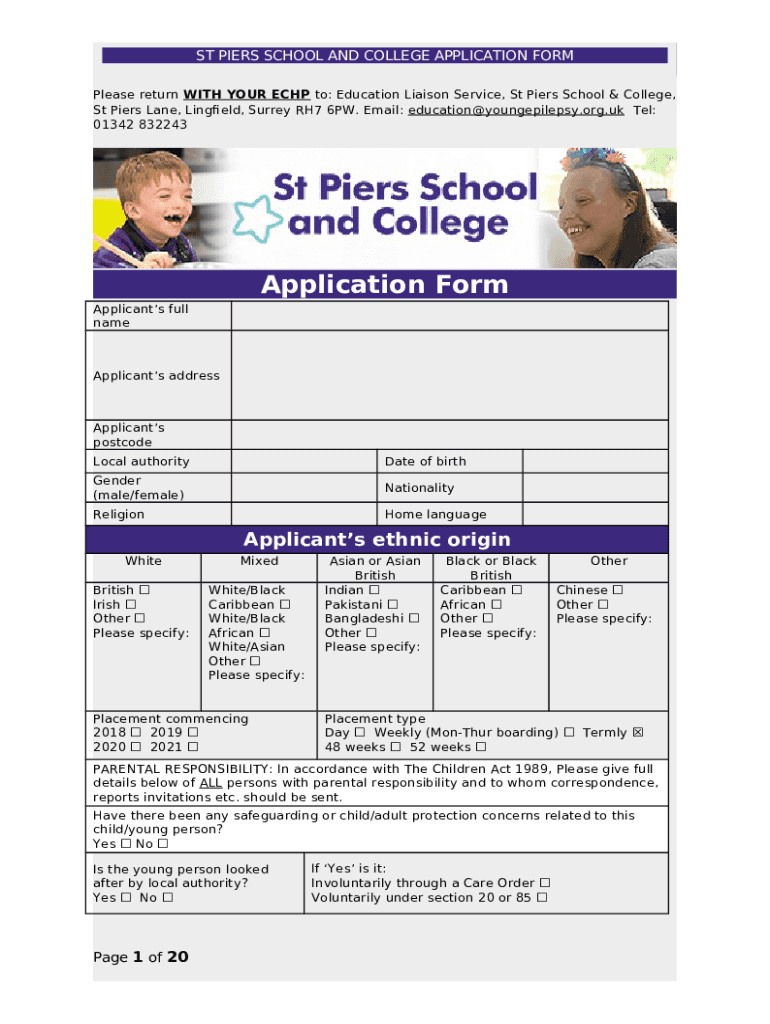 ST PIERS SCHOOL AND COLLEGE APPLICATION - school youngepilepsy org Doc ...