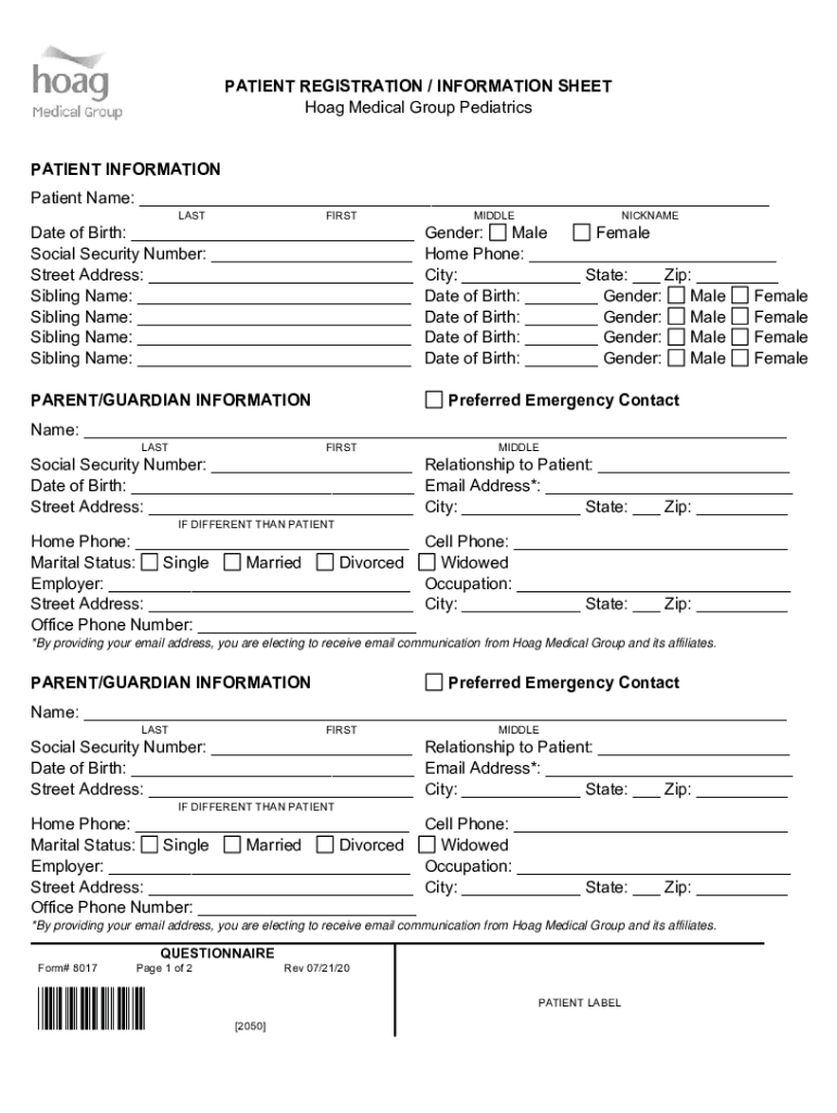Fillable Online 8017 Patient RegistrationInfo Sheet Pediatrics 072120 ...