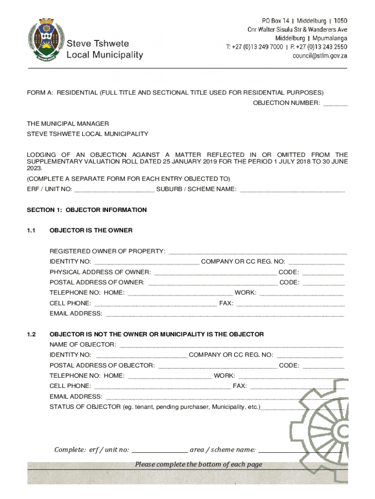 Fillable Online Fillable Online Objection form general valuation roll ...