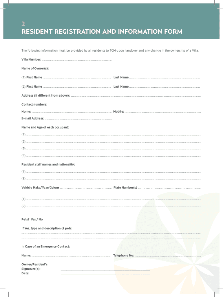 Fillable Online RESIDENT REGISTRATION FORM (Residential) Fax Email ...