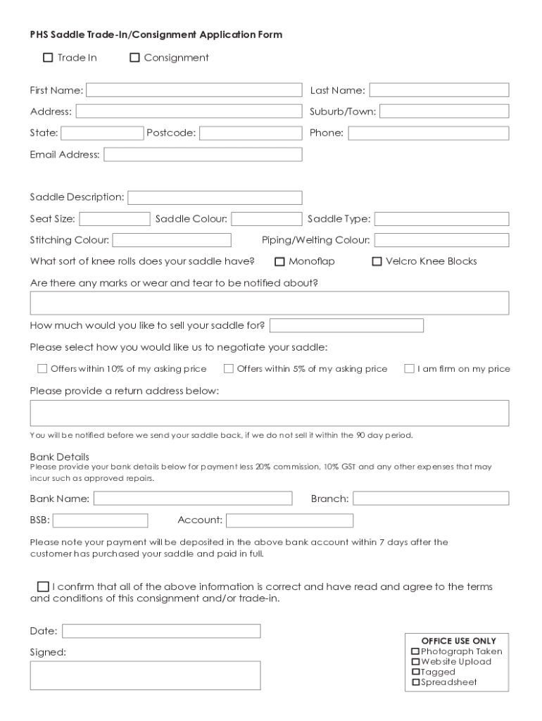 Fillable Online SADDLE CONSIGNMENT OR TRADE IN - Horobin Fax Email Print - pdfFiller