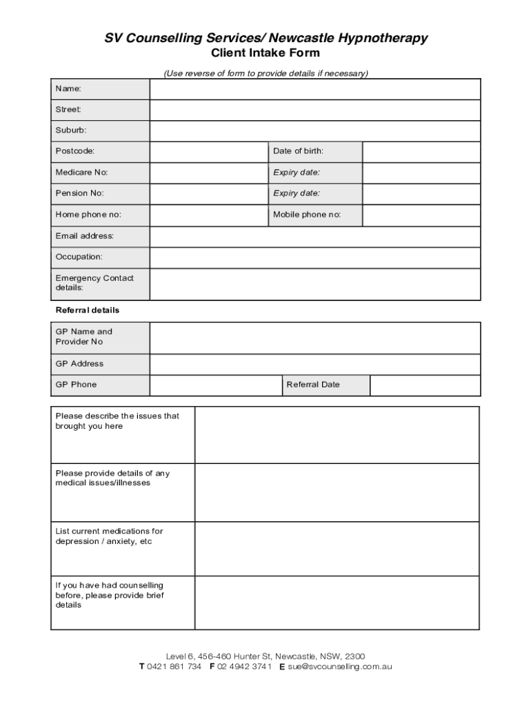 Fillable Online Fillable Online Hypnosis intake form - SV Counselling ...