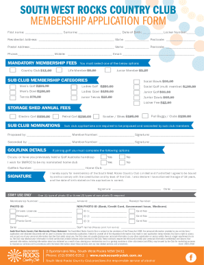 Fillable Online SOUTH WEST ROCKS COUNTRY CLUB MEMBERSHIP APPLICATION ...