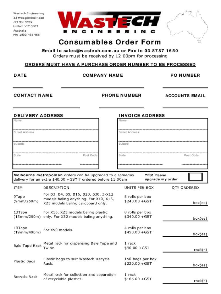 Fillable Online Hallam VIC 3803 Ph: 1800 465 465 Consumables Order Form ...