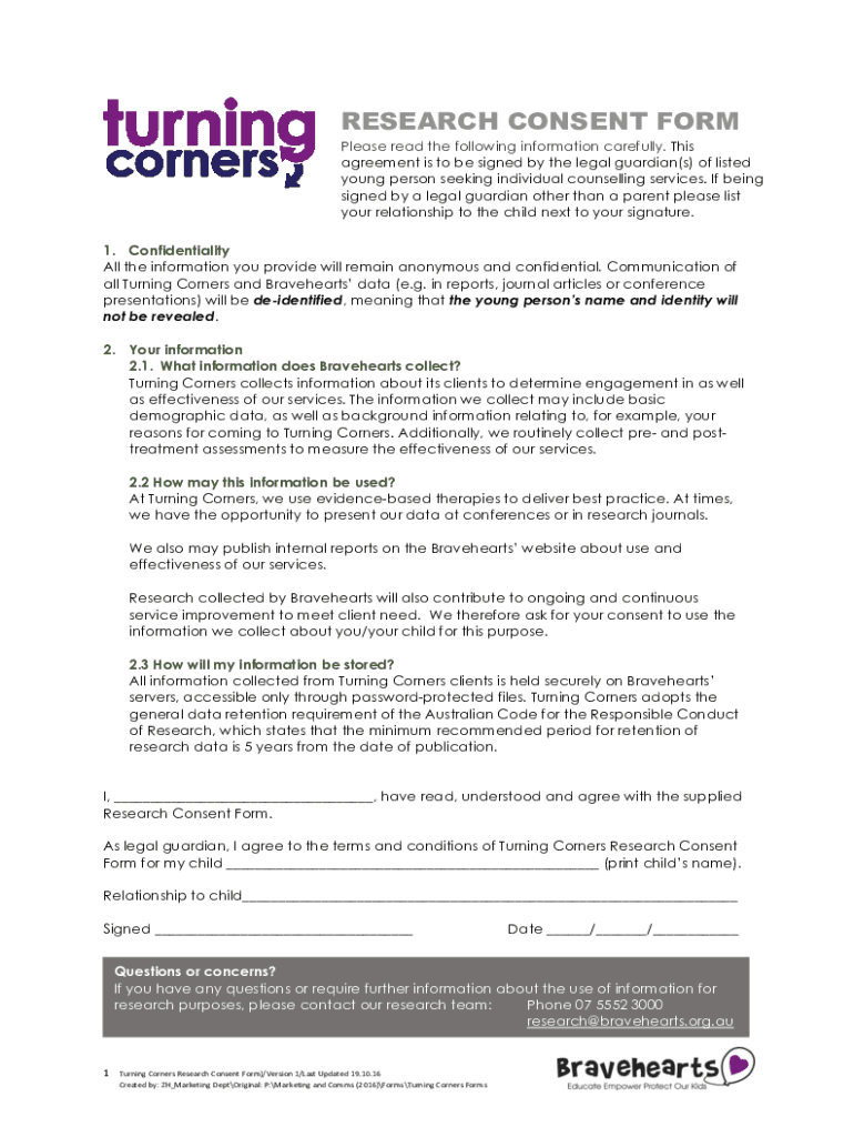 Fillable Online bravehearts org RESEARCH CONSENT FORM - Bravehearts Fax ...