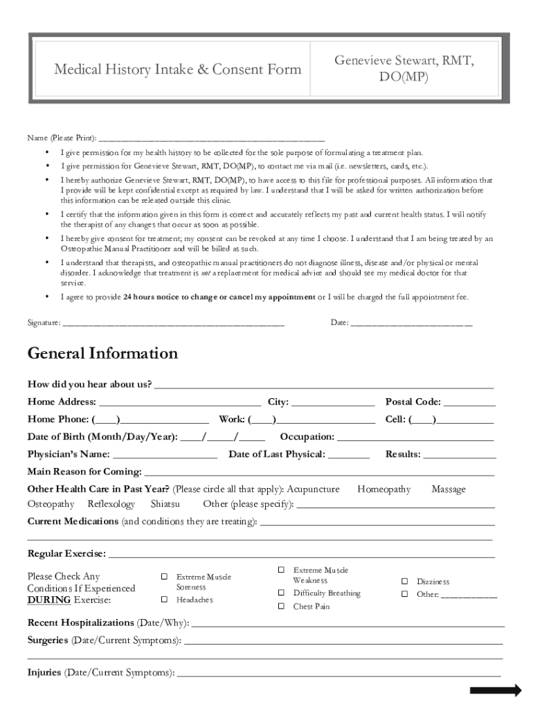 Fillable Online Medical History Intake & Consent Form Genevieve Stewart ... Fax Email Print ...