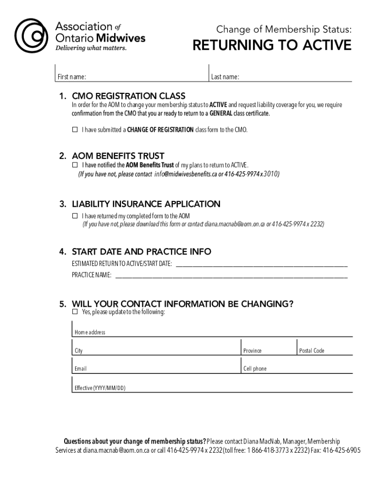 Fillable Online Change of Membership Status: RETURNING TO ACTIVE Fax ...