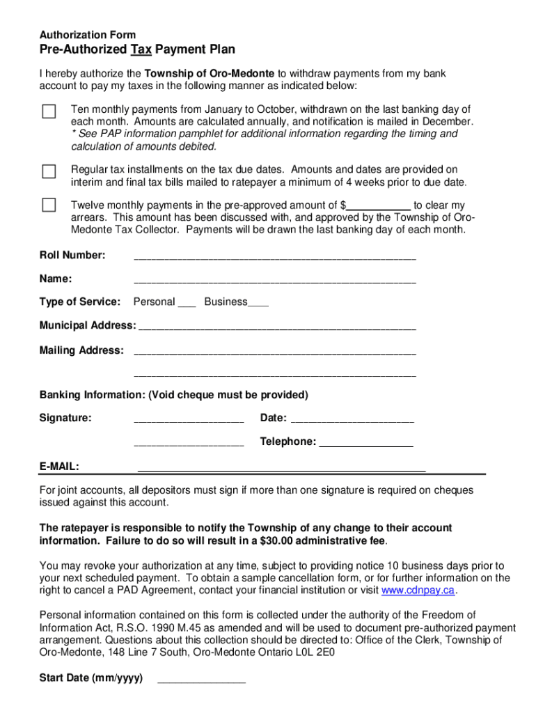 Fillable Online Authorization Form Pre-Authorized Tax Payment Plan Fax ...