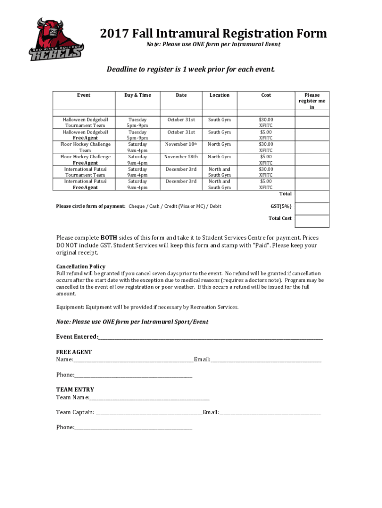 Fillable Online 2017 Fall Intramural Registration Form Fax Email Print ...