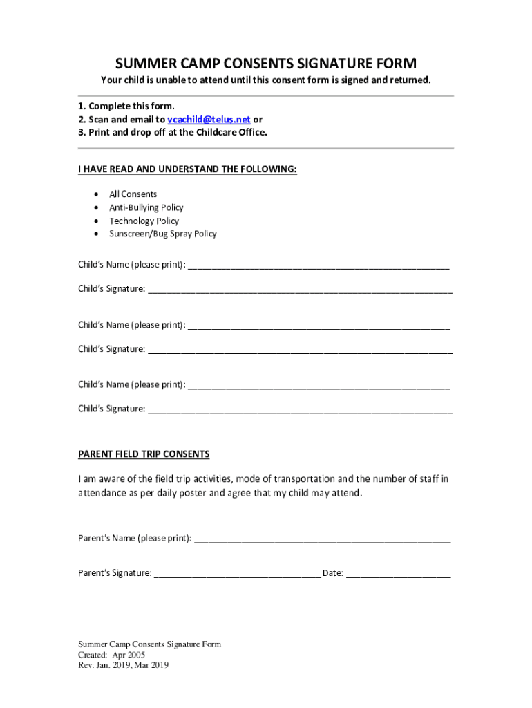Fillable Online Summer Camp Parental Consent - PDF ...