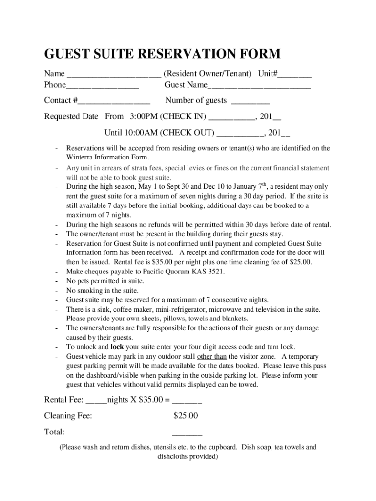 Fillable Online GUEST SUITE RESERVATION FORM - winterra.ca Fax Email ...