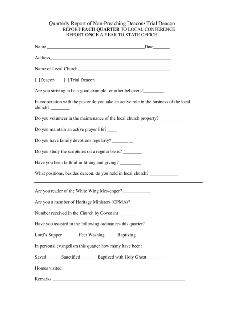 Fillable Online MONTHLY DEACONS REPORT - New Hope Baptist Church of ...