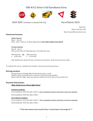 Fillable Online USD #312 Drivers Ed Enrollment Form Fax Email Print ...