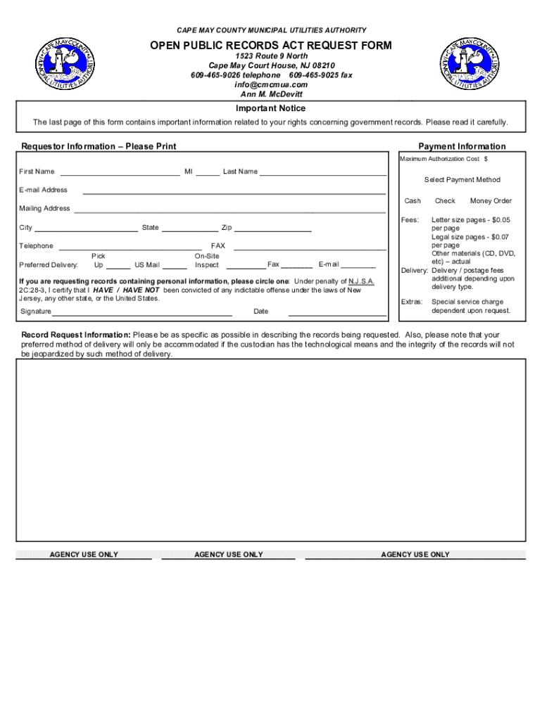 Fillable Online CAPE MAY COUNTY MUNICIPAL UTILITIES AUTHORITY OPEN PUBLIC ... Fax Email Print ...
