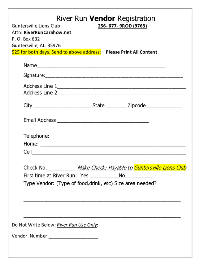 Fillable Online River Run Vendor Registration - riverruncarshow.net Fax ...