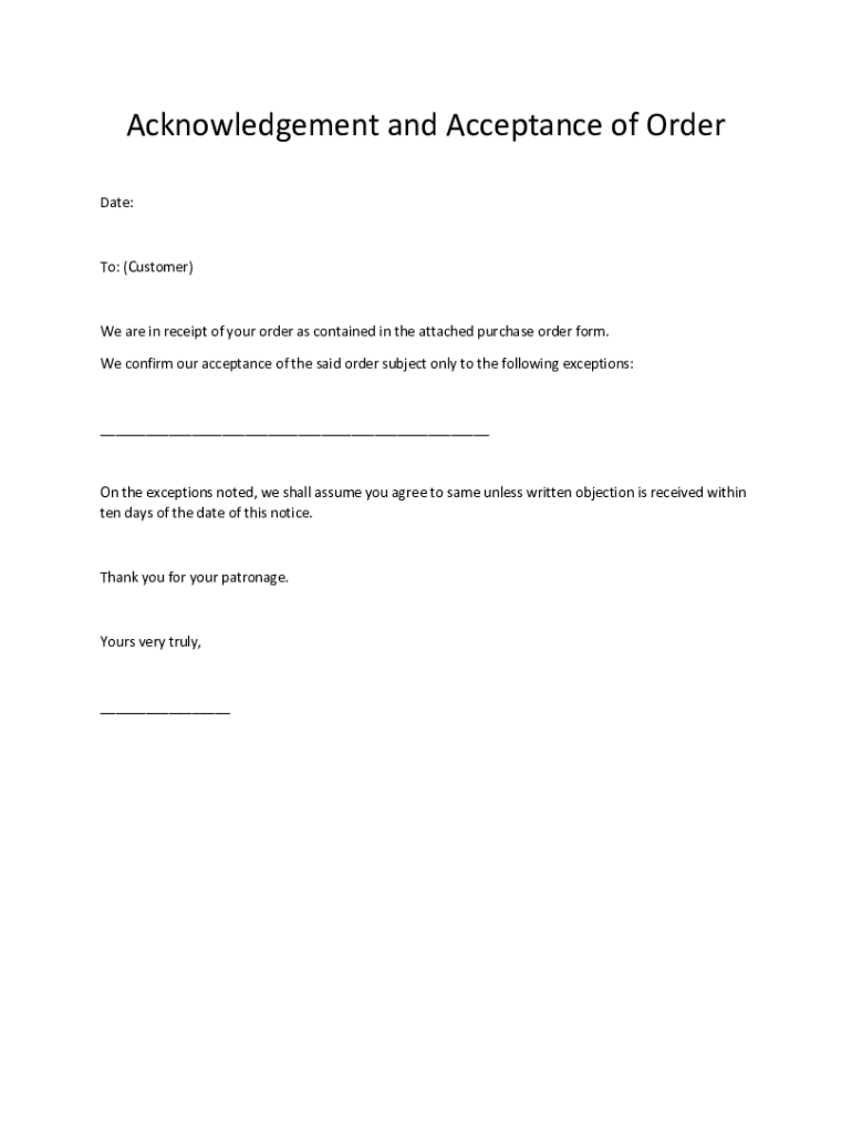 Acknowledgement and Acceptance of Order - Blank Fillable Template ...