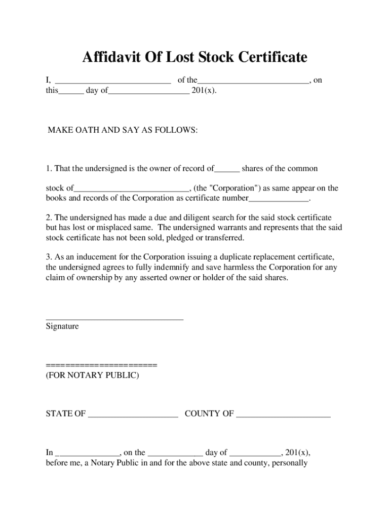 Fillable Online Affidavit Of Lost Stock Certificate - Free Business ...