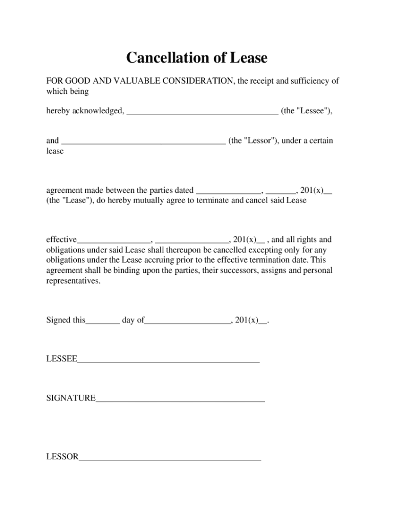 Fillable Online Cancellation of Lease AgreementFree Legal Forms Fax ...