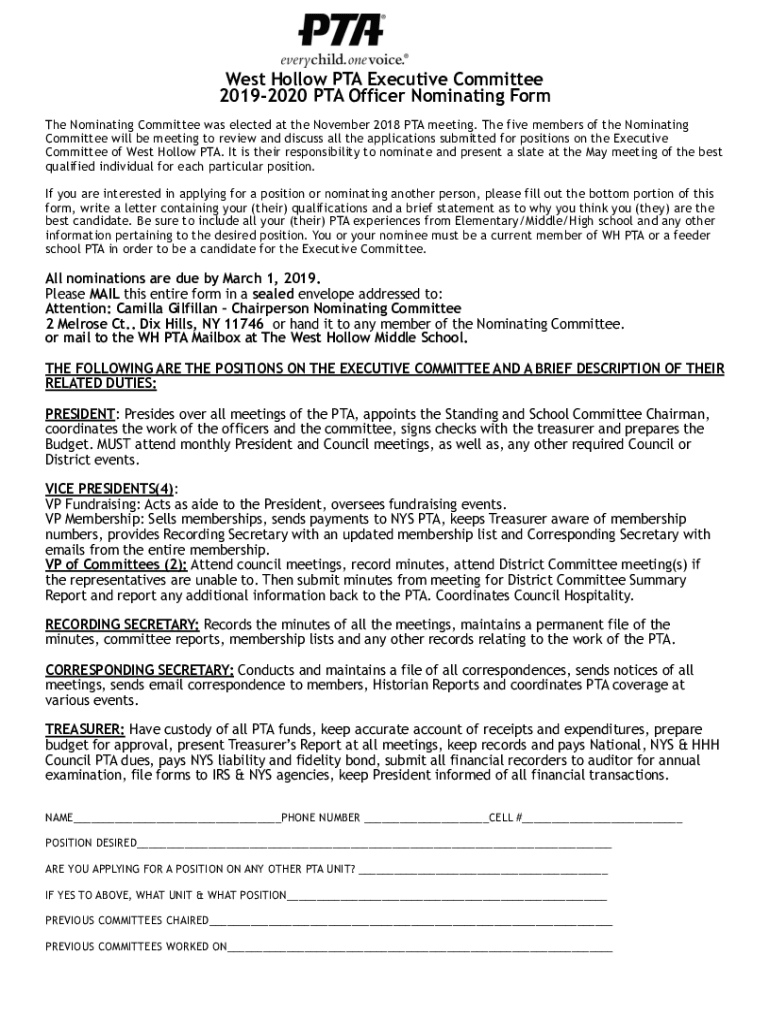 Fillable Online WH PTA Nomination form Fax Email Print - pdfFiller