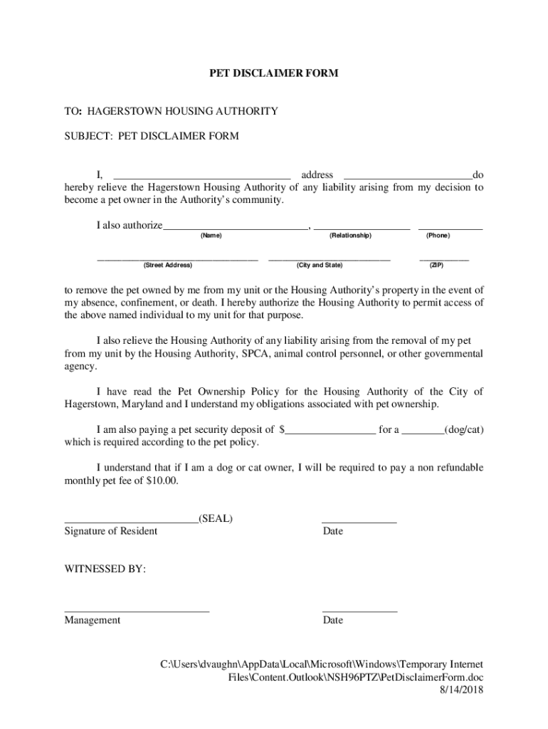 Fillable Online PET DISCLAIMER FORM - Hagerstown Housing Authority Fax ...