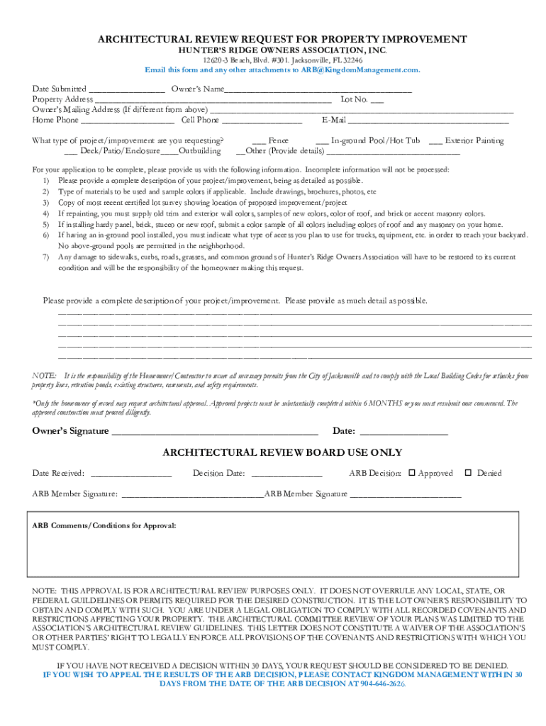 Fillable Online ARCHITECTURAL REVIEW REQUEST FOR PROPERTY IMPROVEMENT ...