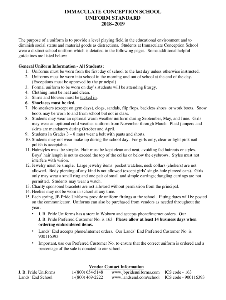 Fillable Online School Uniforms & Dress Code - Immaculate Conception ...