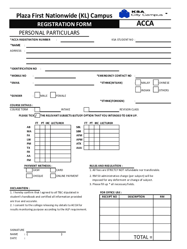 Fillable Online ACCA Registration Form PLAZA.xlsx Fax Email Print ...