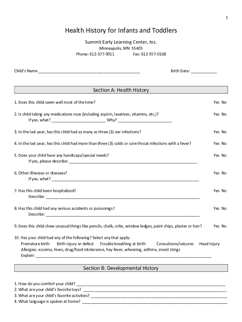 Fillable Online Health History for Preschool and School Age - summitelc ...