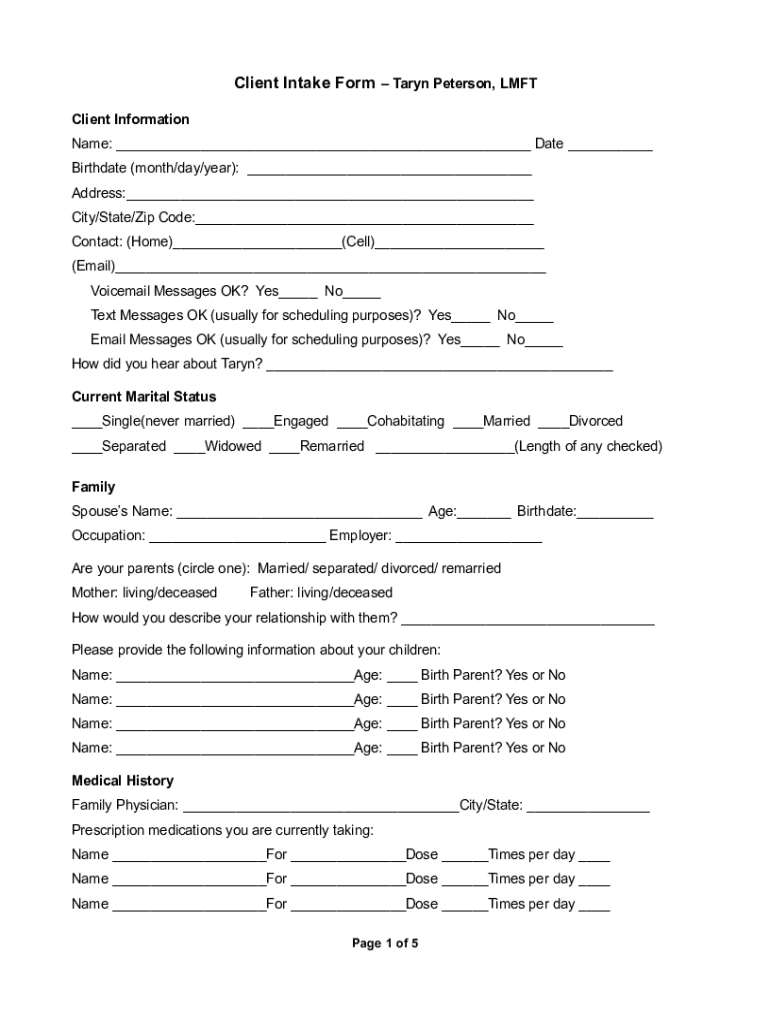 Fillable Online Client Intake Form Taryn Peterson, LMFT Fax Email Print ...